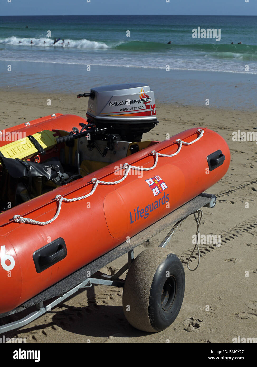 RNLI Lifeguard inflatable lifeboat Praa Sands Cornwall UK Stock Photo ...