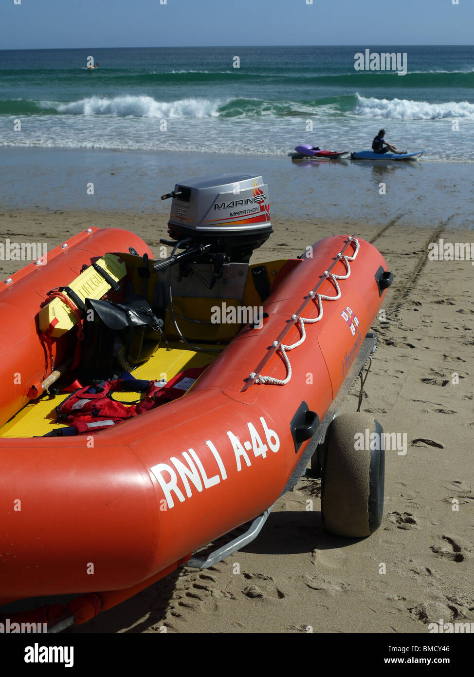 RNLI Lifeguard inflatable lifeboat on Praa Sands Beach Cornwall UK ...
