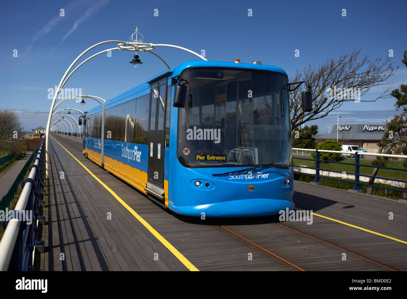 southport pier tram seafront merseyside england uk Stock Photo - Alamy