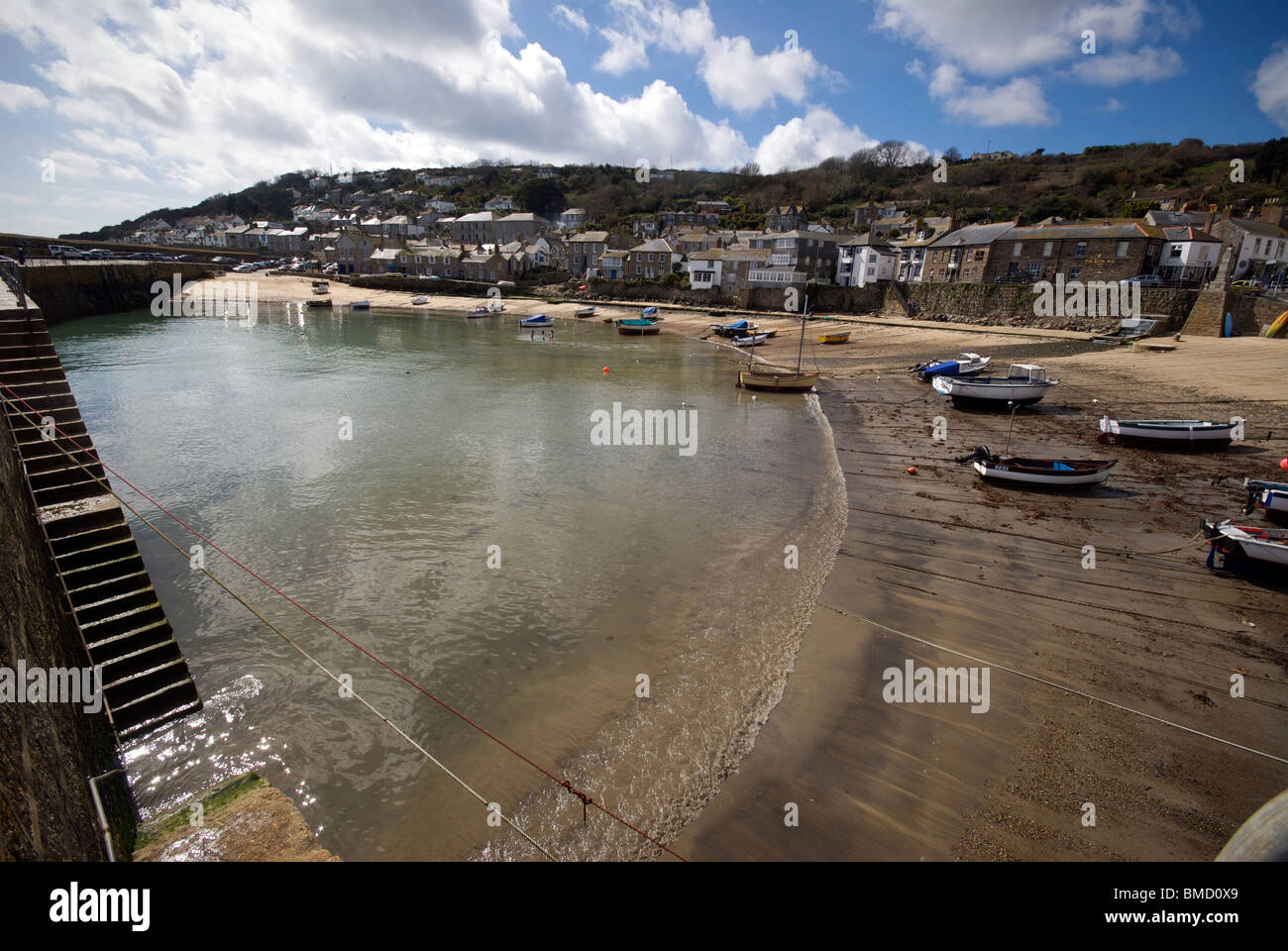 Mousehole Cornwall UK Harbor Harbour Quay Fishing Boats Beach Stock ...
