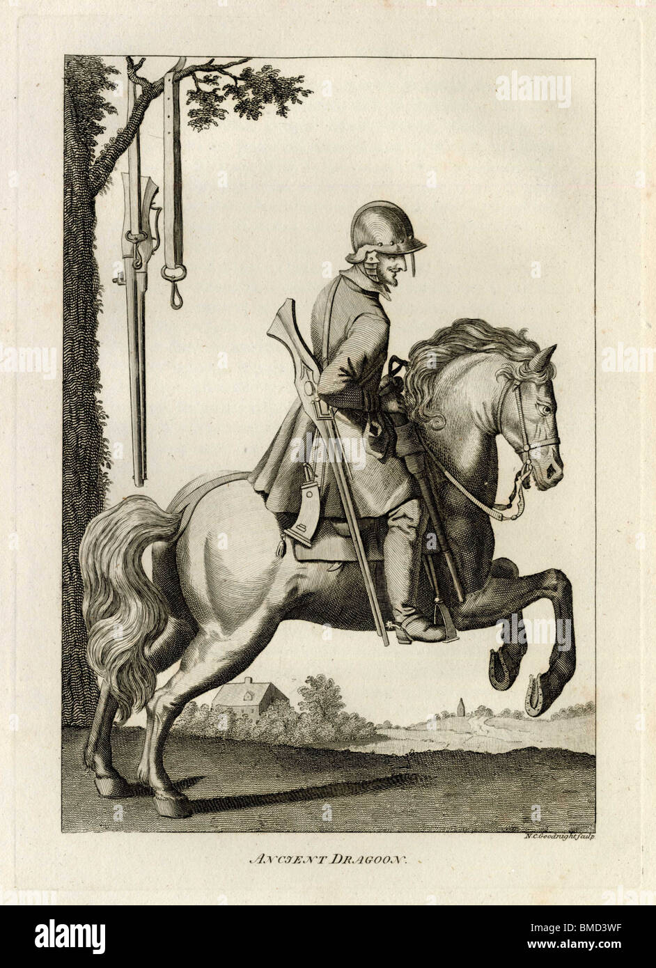 Ancient dragoon depicted on a charger with long coat, boots, steel ...