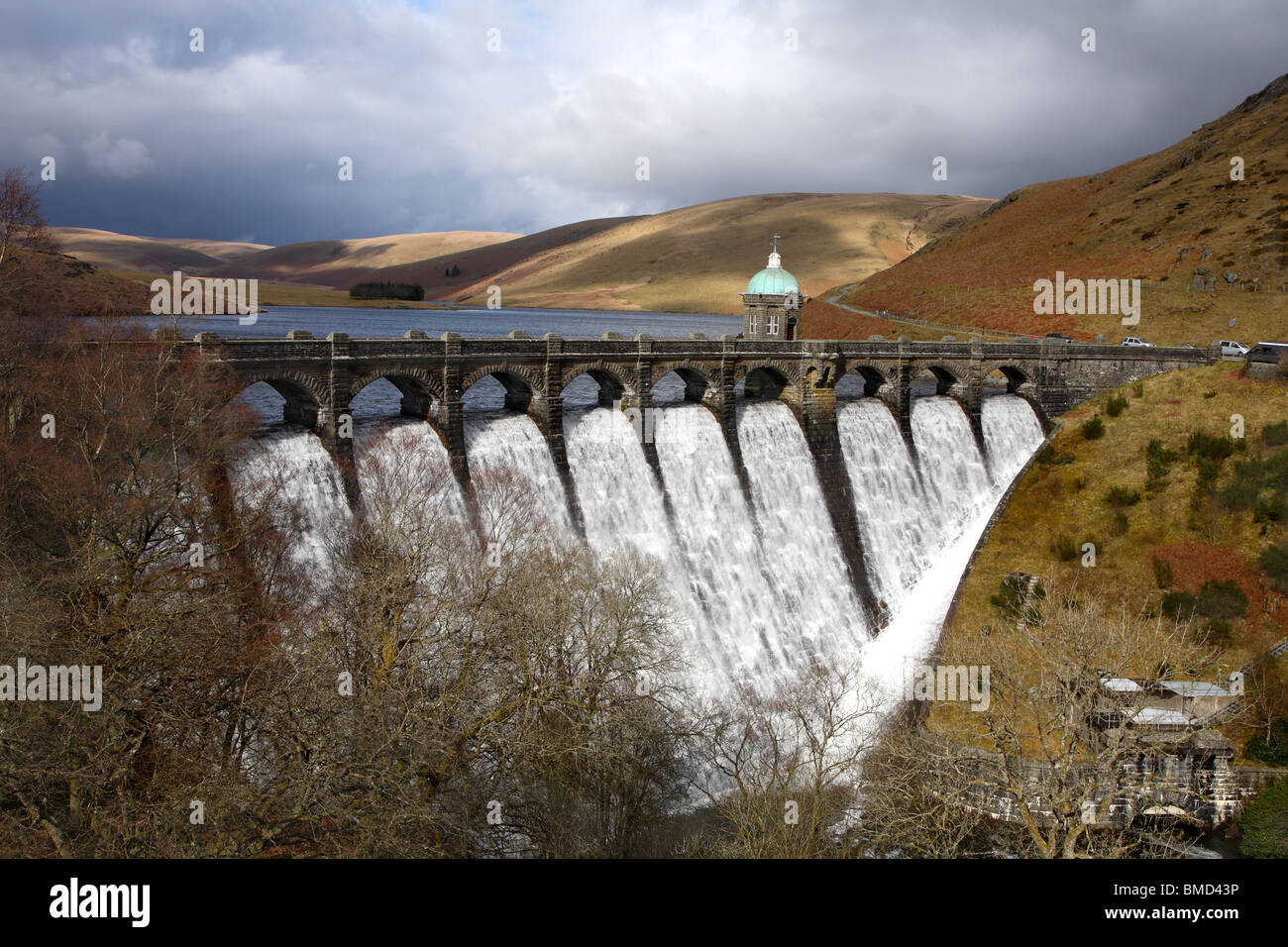 Craig Goch reservoir full and with water overflowing, Elan Valley ...
