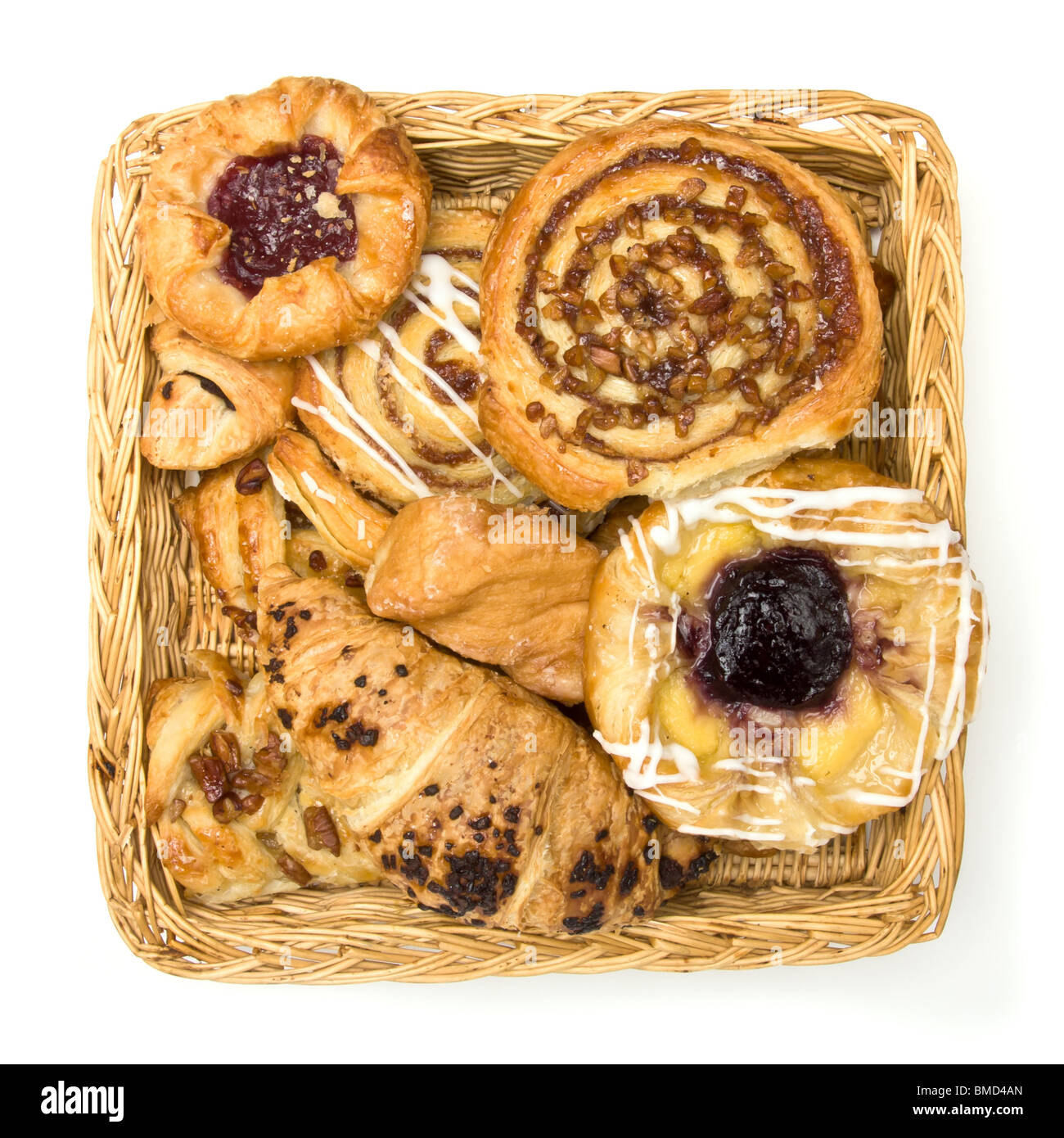 Overhead view of Wicker basket with selection of French & Danish ...