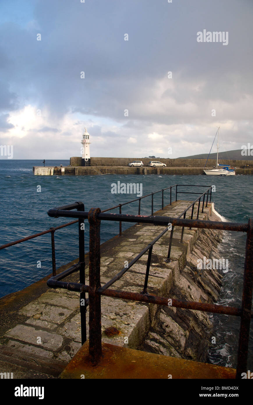 Mevagissey Cornwall UK Harbor Harbour Quay Seawall Pier Light Stock ...