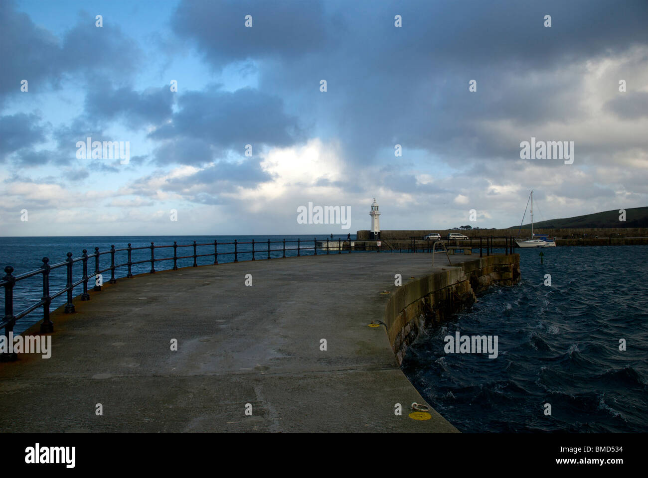 Mevagissey Cornwall UK Harbor Harbour Quay Seawall Pier Light Stock ...