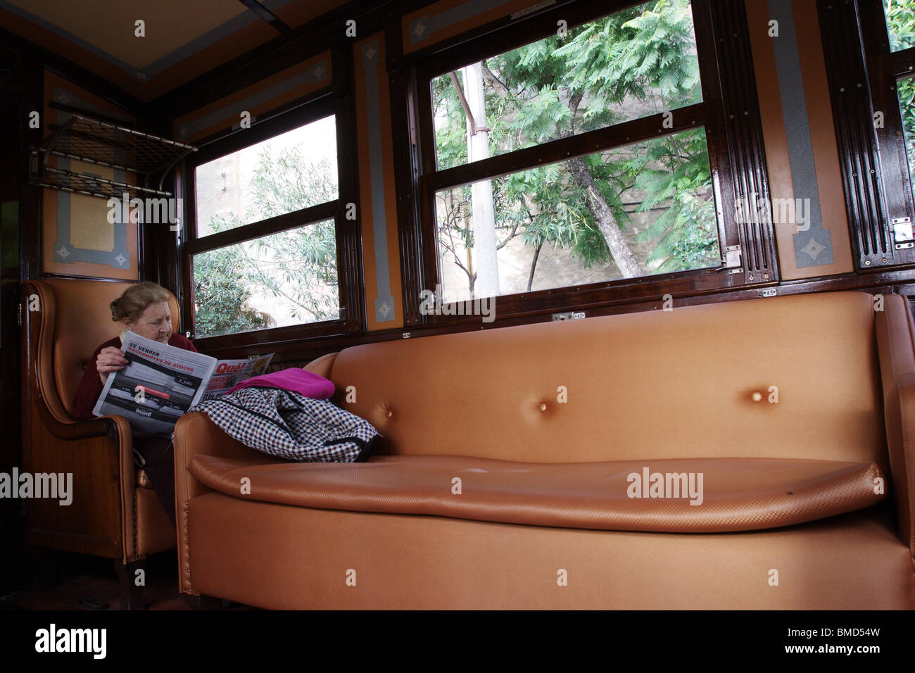 Scene inside a charming old train in Majorca Soller Stock Photo - Alamy