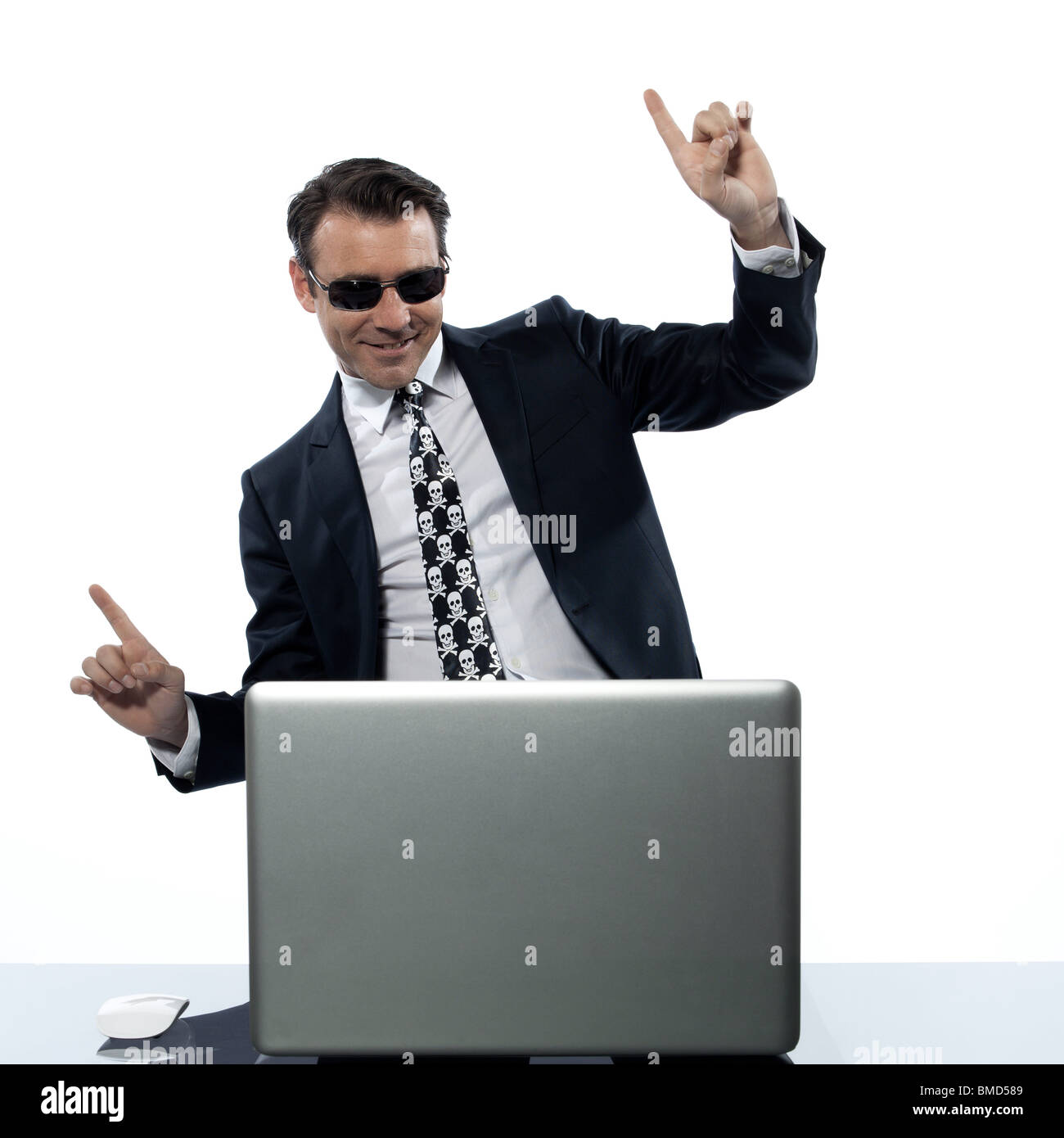 man computer hacker satisfied caucasian in studio isolated on white ...