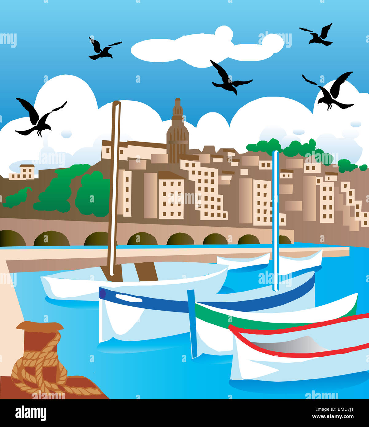 Vector illustration scene at a pier with ships, buildings and ...