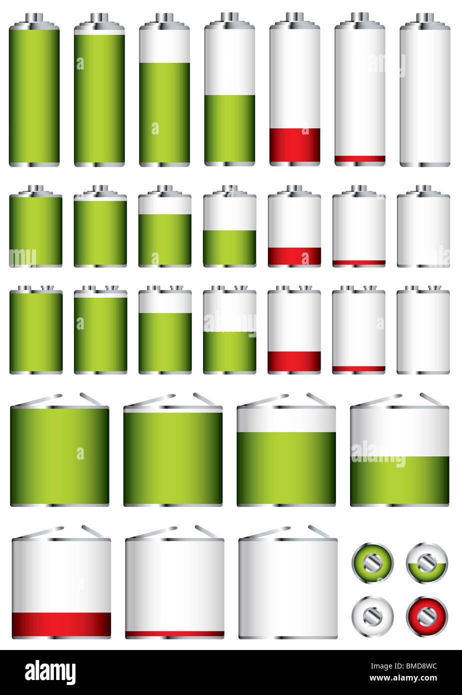 Collection of different battery sizes and shapes with charge levels ...