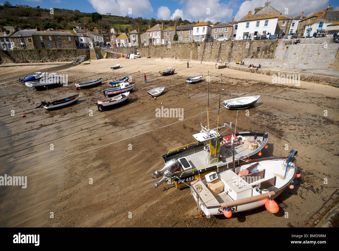 Mousehole Cornwall UK Harbor Harbour Quay Fishing Boats Beach Stock ...
