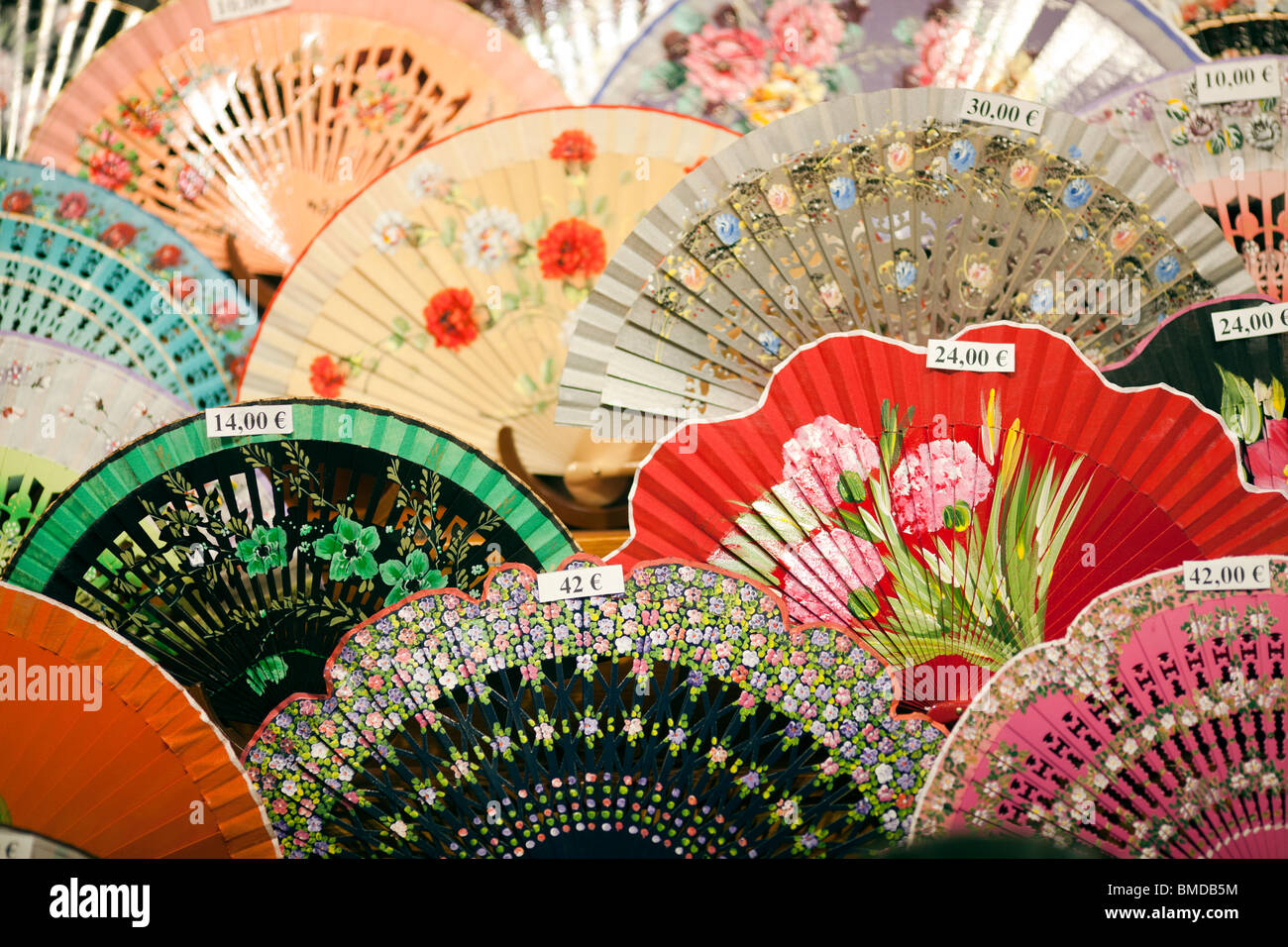 Handicraft fans on a souvenir shop, Sierpes street, Seville, Spain ...