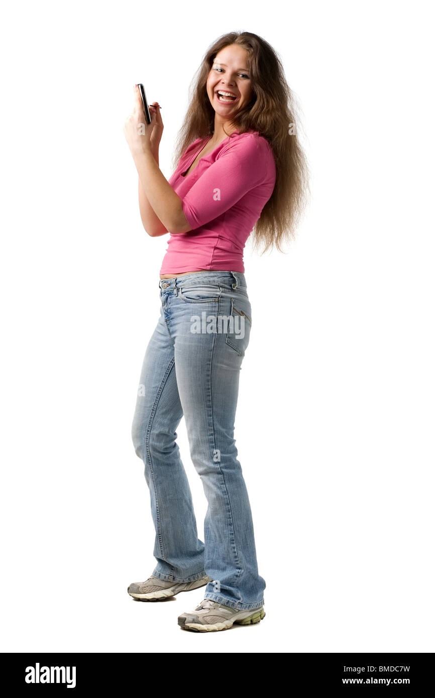 happy woman holds personal digital assistant, isolated on white Stock ...