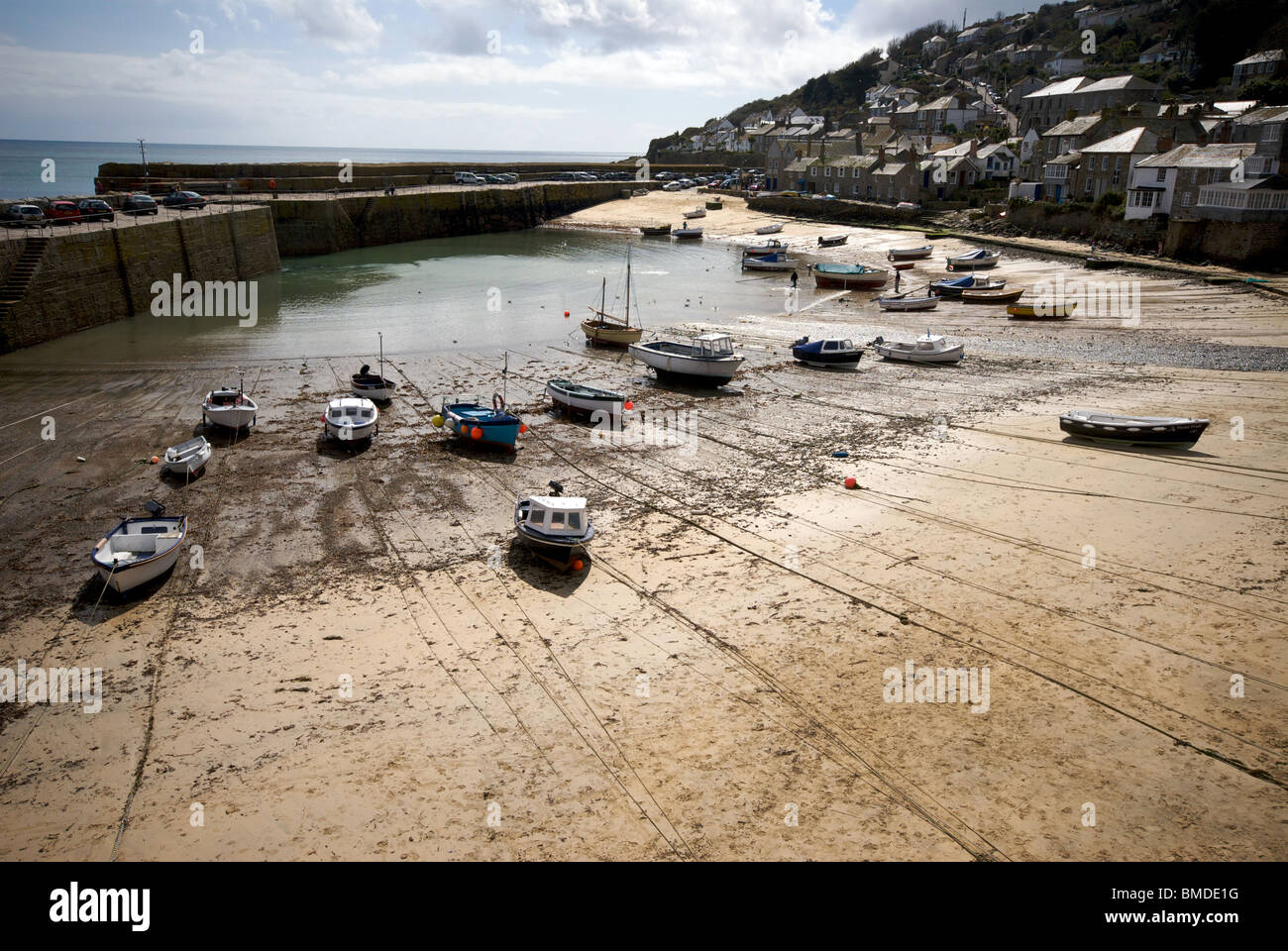 Mousehole Cornwall UK Harbor Harbour Quay Fishing Boats Beach Stock ...