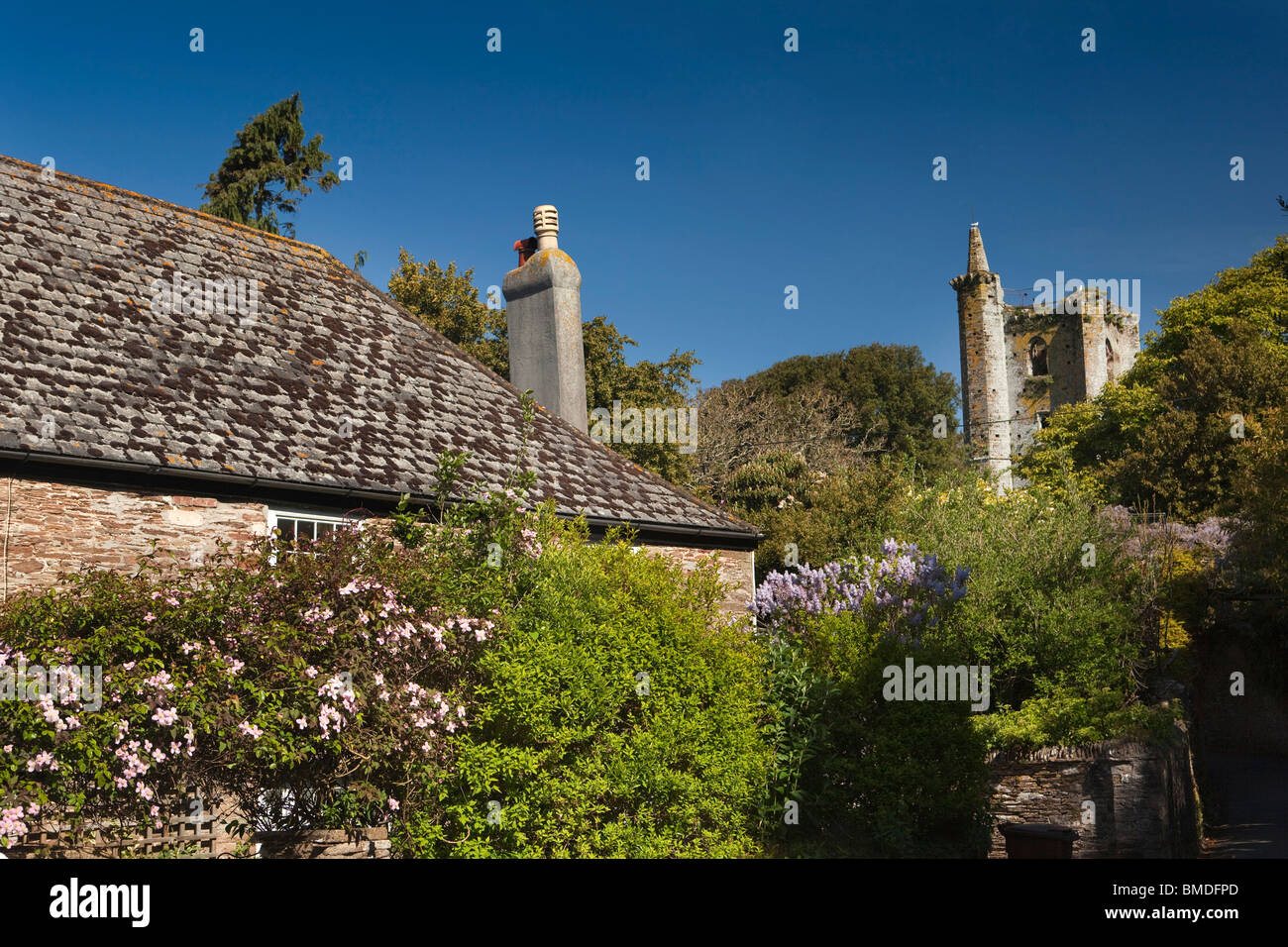 UK, England, Devon, Slapton, old chantry college tower, seen over ...