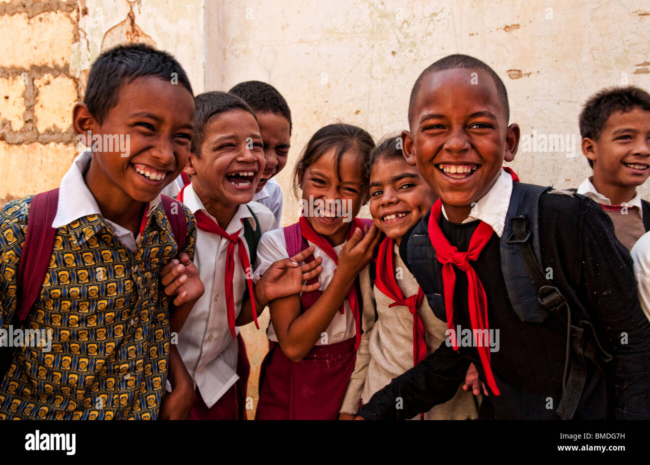 School students aged 7 to 10 in uniform in small town of Isabel ...