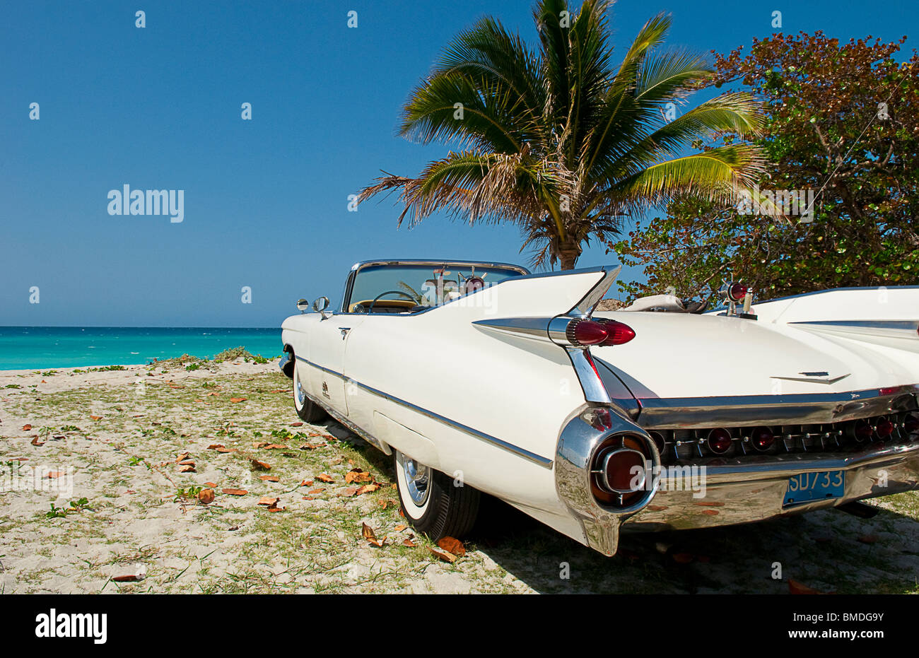 Classic 1959 White Cadillac Auto on beautiful beach of Varadero Cuba ...