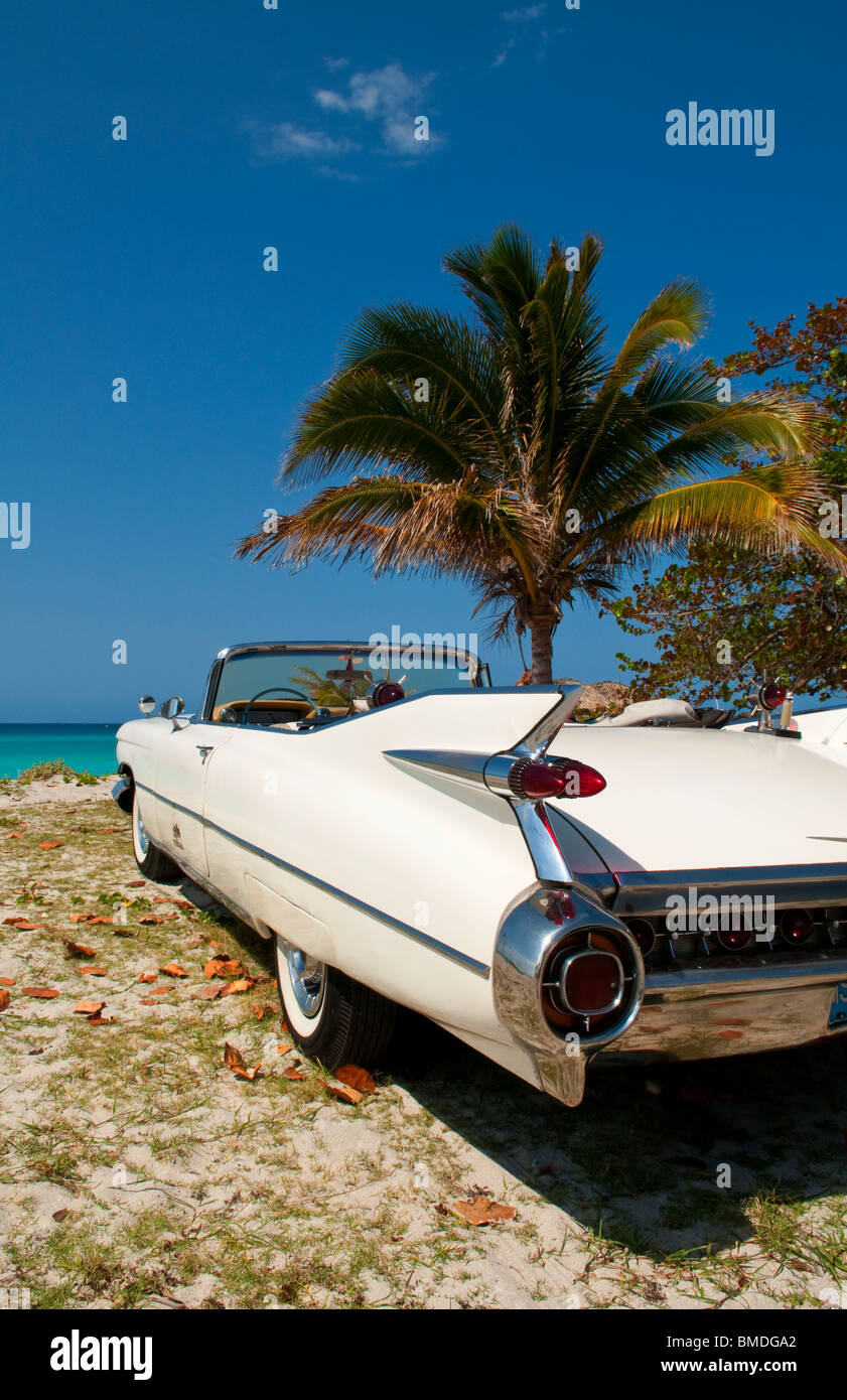 Classic 1959 White Cadillac Auto on beautiful beach of Varadero Cuba ...