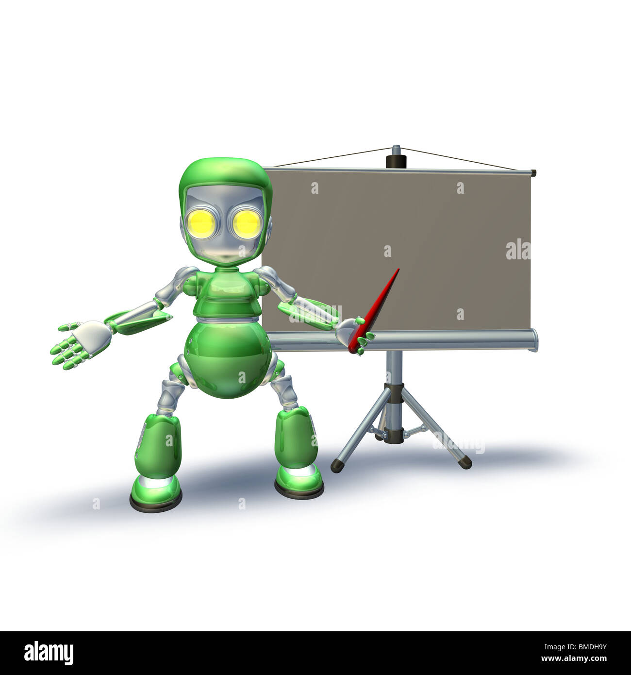 A cute 3d robot character standing with presentation equipment and ...