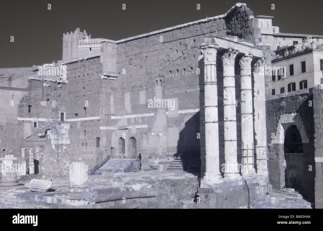 Forum columns in Rome Italy near Colosseum in Intrared Black and White ...