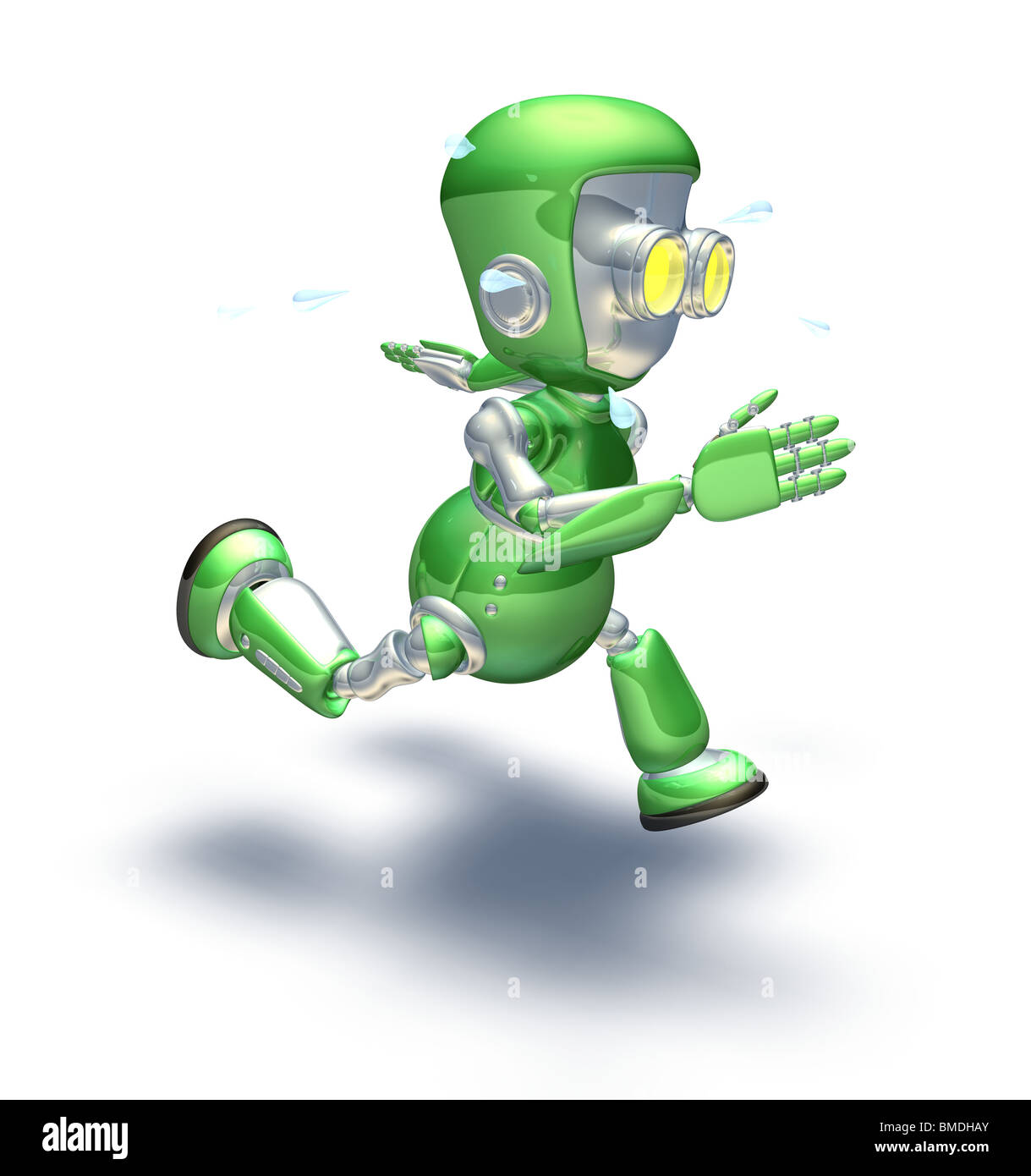 A cute green glossy shiny silver metallic robot character exerting ...