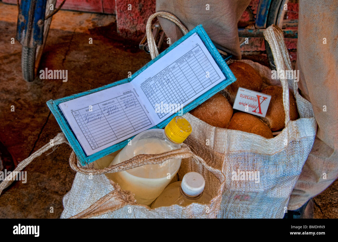 Close up of ration coupon book and rations supplies for month outside ...