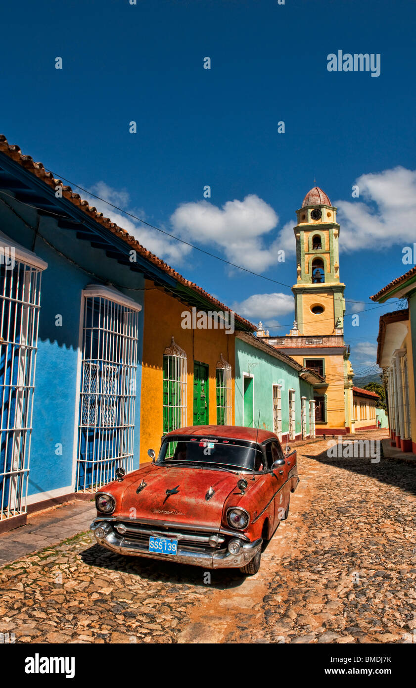 Old Classic Chevy on cobblestone street of Trinidad Cuba Stock Photo ...