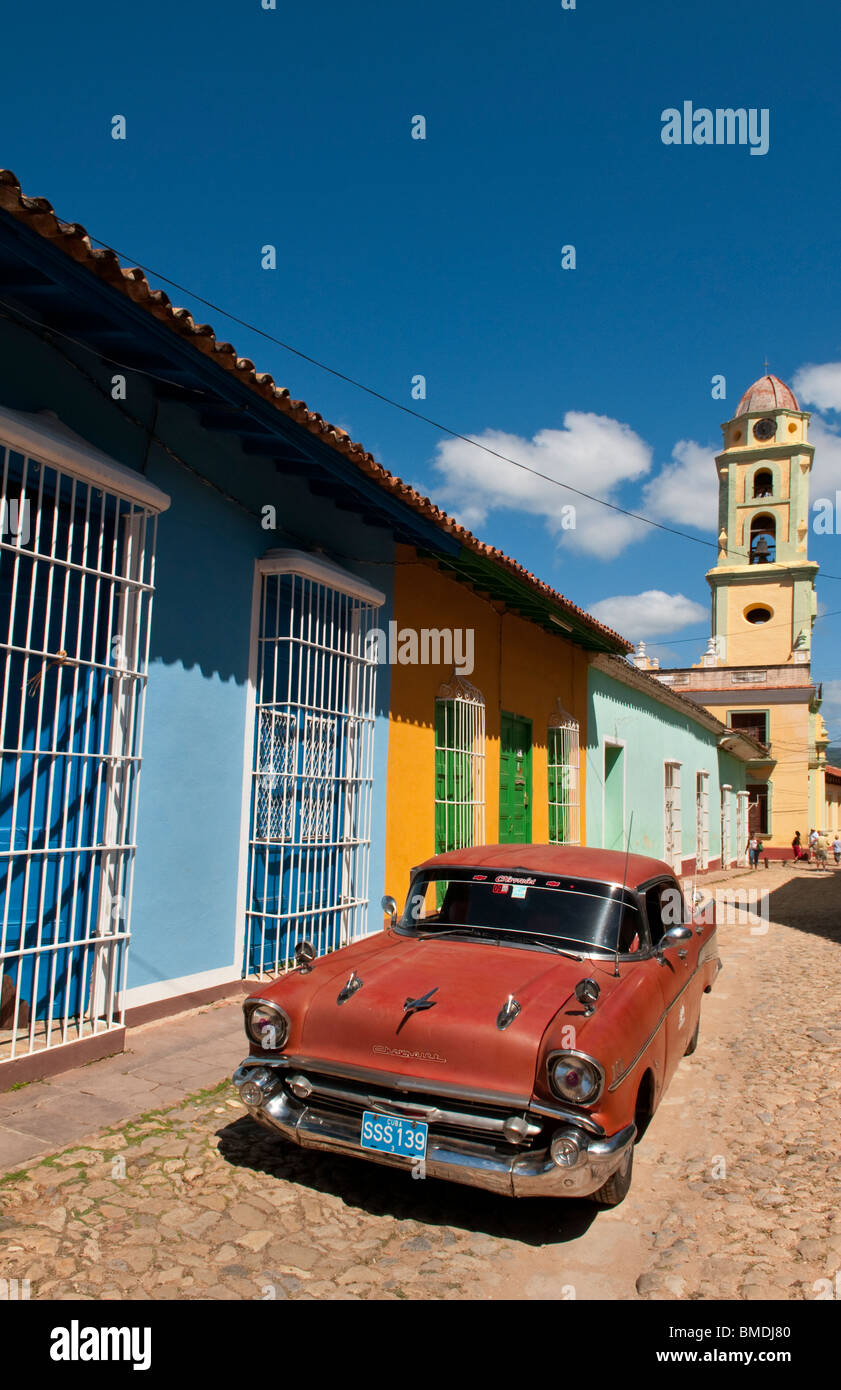 Old Classic Chevy on cobblestone street of Trinidad Cuba Stock Photo ...