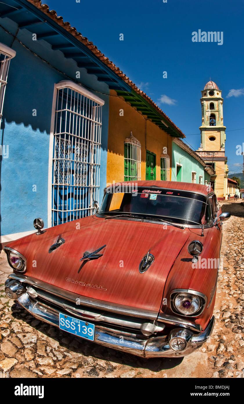 Old Classic Chevy on cobblestone street of Trinidad Cuba Stock Photo ...