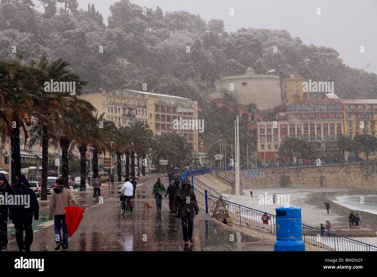 Snow into the Promenade des Anglais in Nice city. Snow in French ...