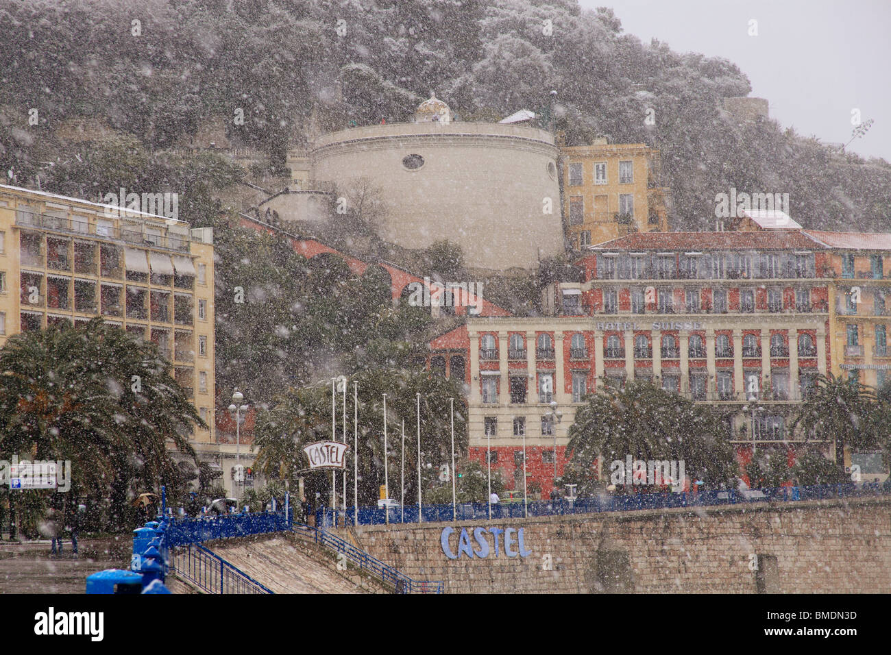 Snow into the Promenade des Anglais in Nice city. Snow in French ...