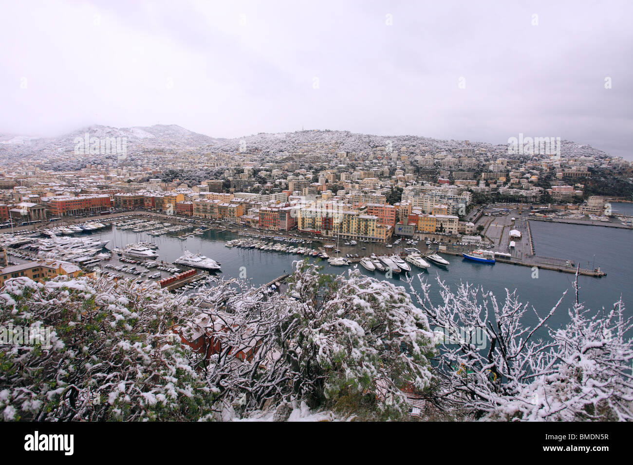 Snowed roof top in winter time in Nice city. Snow in French Riviera is ...