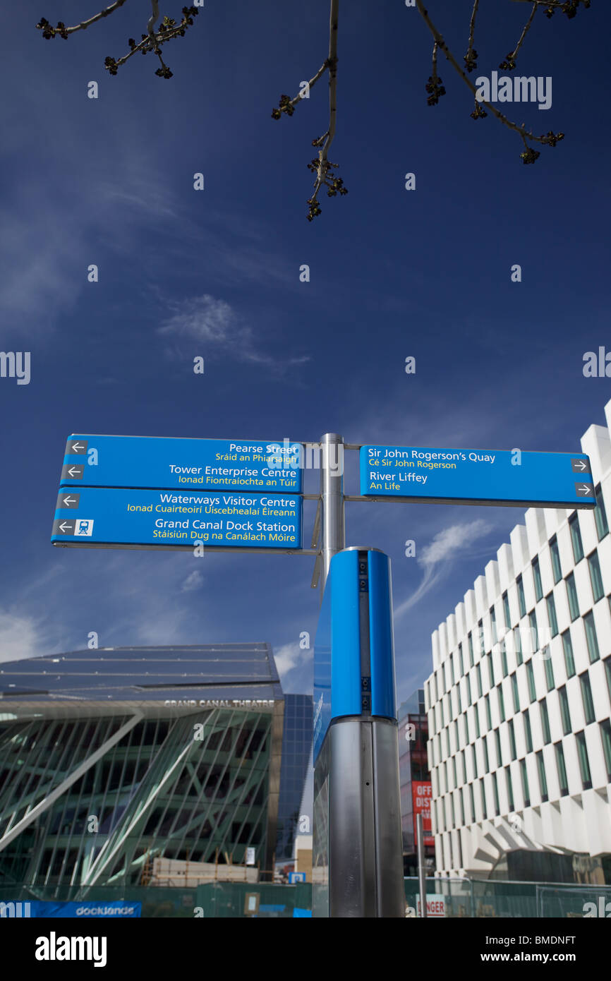Road Signs outside the Grand Canal theatre on Hanover Quay in Dublin ...