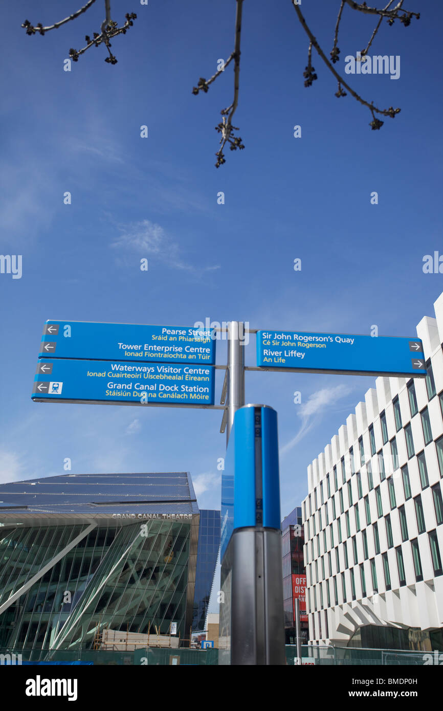 Road Signs outside the Grand Canal theatre on Hanover Quay in Dublin ...
