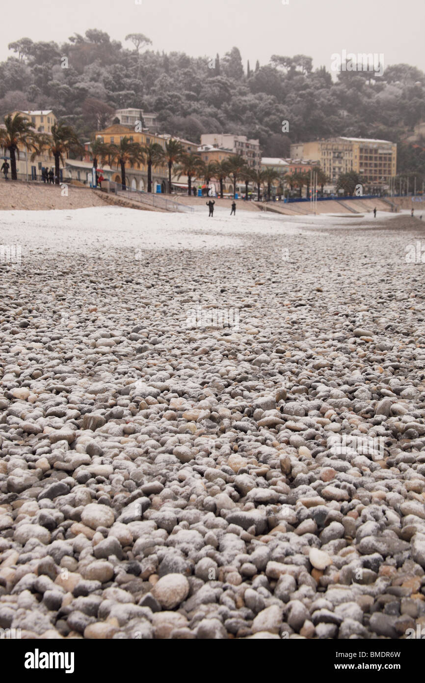 Snowed beach in winter time in Nice city. Snow in French Riviera is ...
