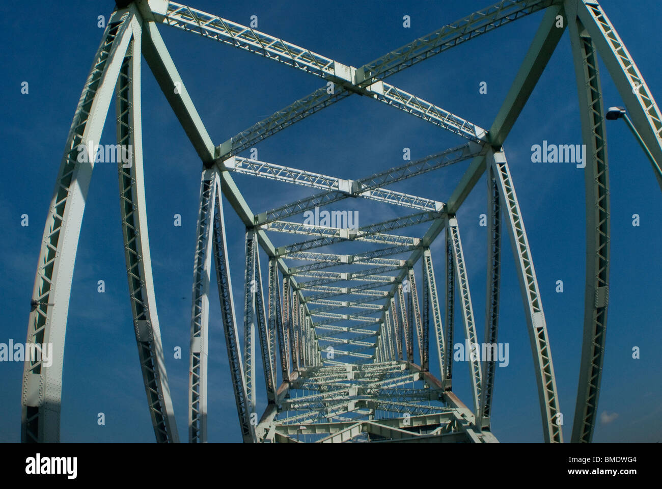 The steel girders in a cobweb shape for the single arch Runcorn Bridge ...