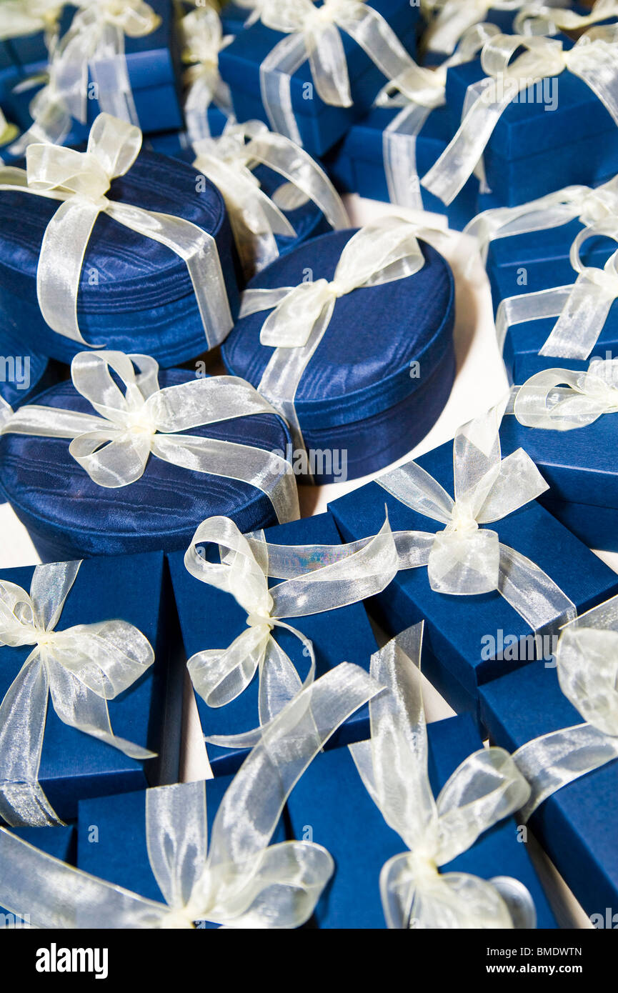 Group of blue gift boxes with ribbons Stock Photo - Alamy