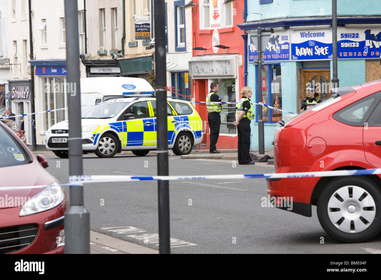 Police at shooting murder scene Duke Street Whitehaven Cumbria with ...
