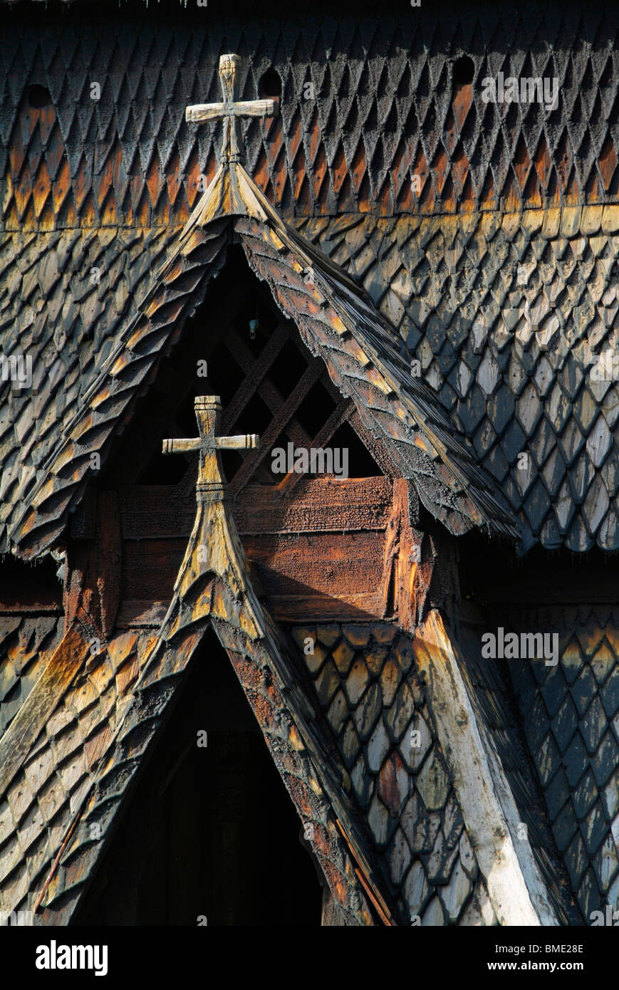Details of roof shingles in the Stave roof of Borgund Stave church near ...