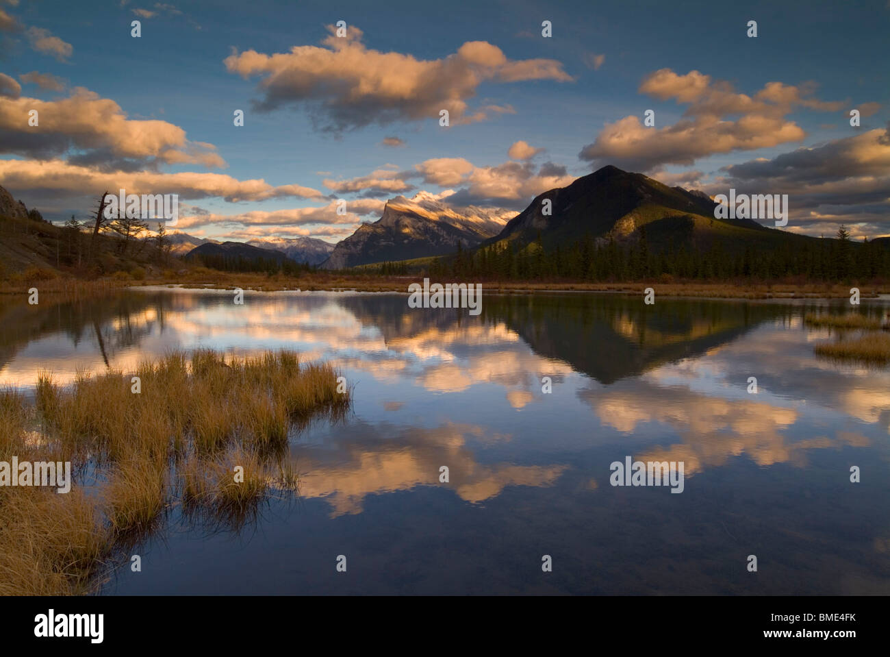 Mount Rundle reflected in Vermillion lakes near Banff Township at ...