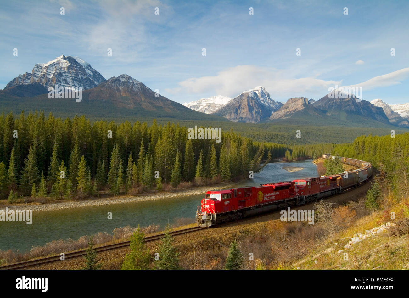 Canadian Pacific goods train at Morants curve near Lake Louise Banff national Park Alberta ...