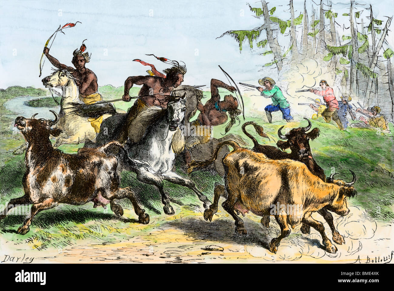 Native Americans driving off settlers' cattle in South Carolina. Hand ...