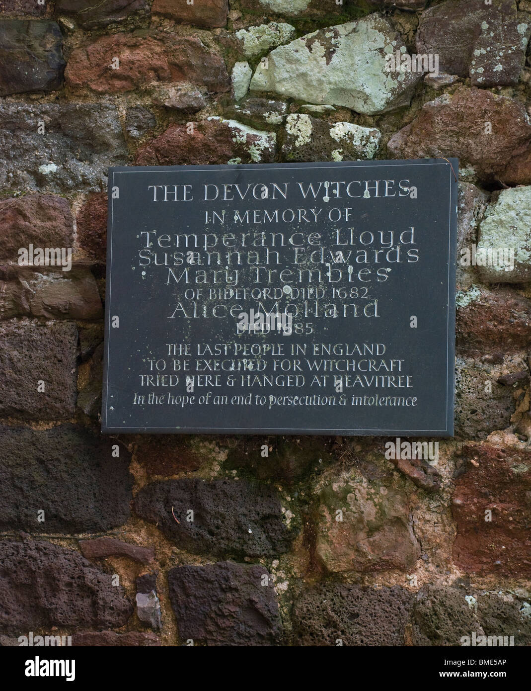 the devon witches memorial plaque Stock Photo - Alamy