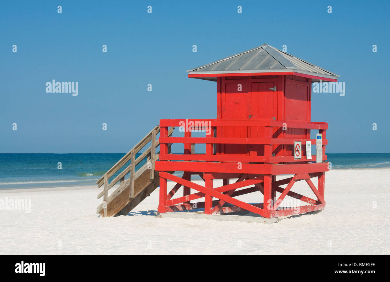 Siesta Key Sarasota Florida red colorful life guard stand on white sand ...