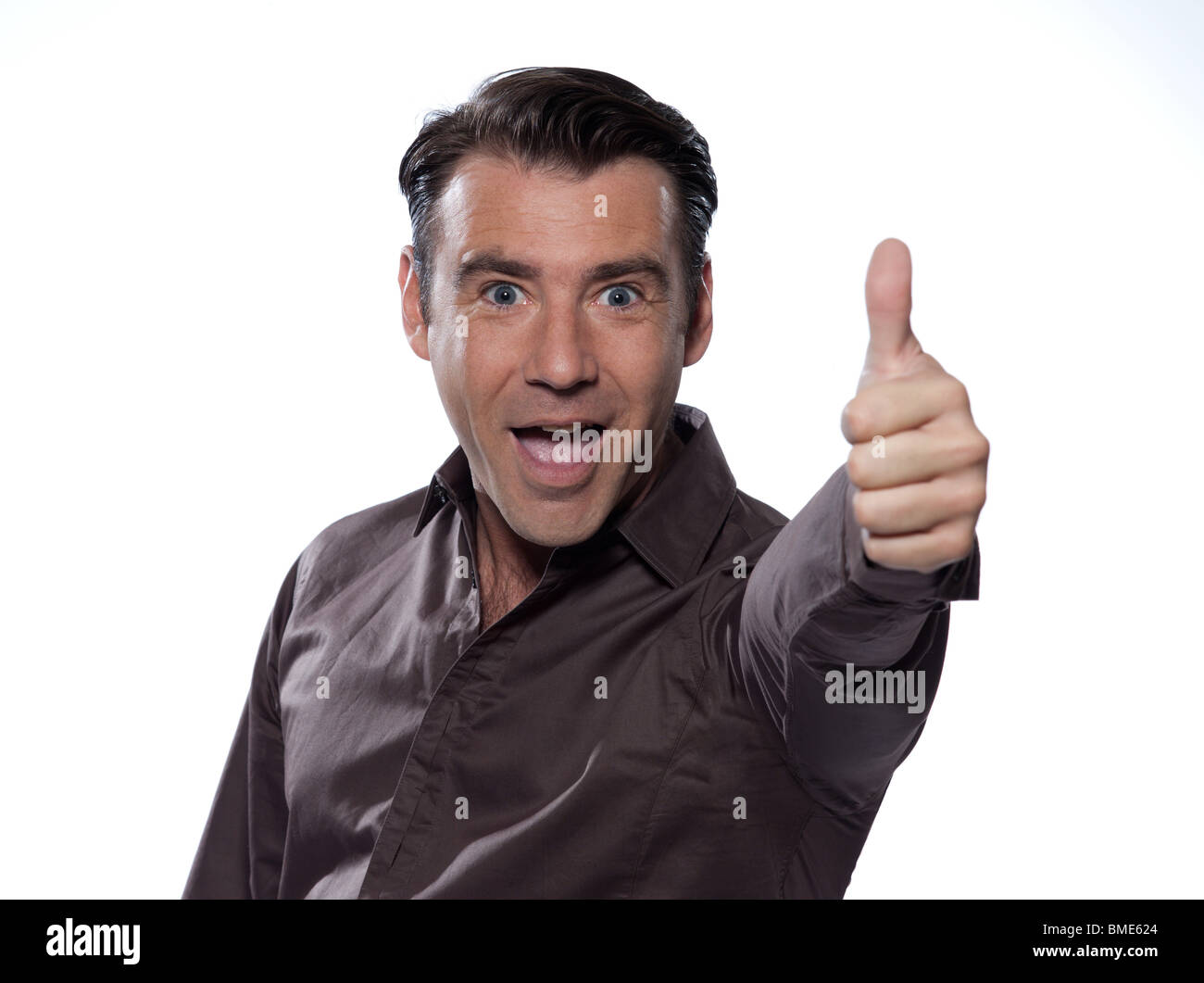 man portrait triumphant success smiling studio isolated on white ...