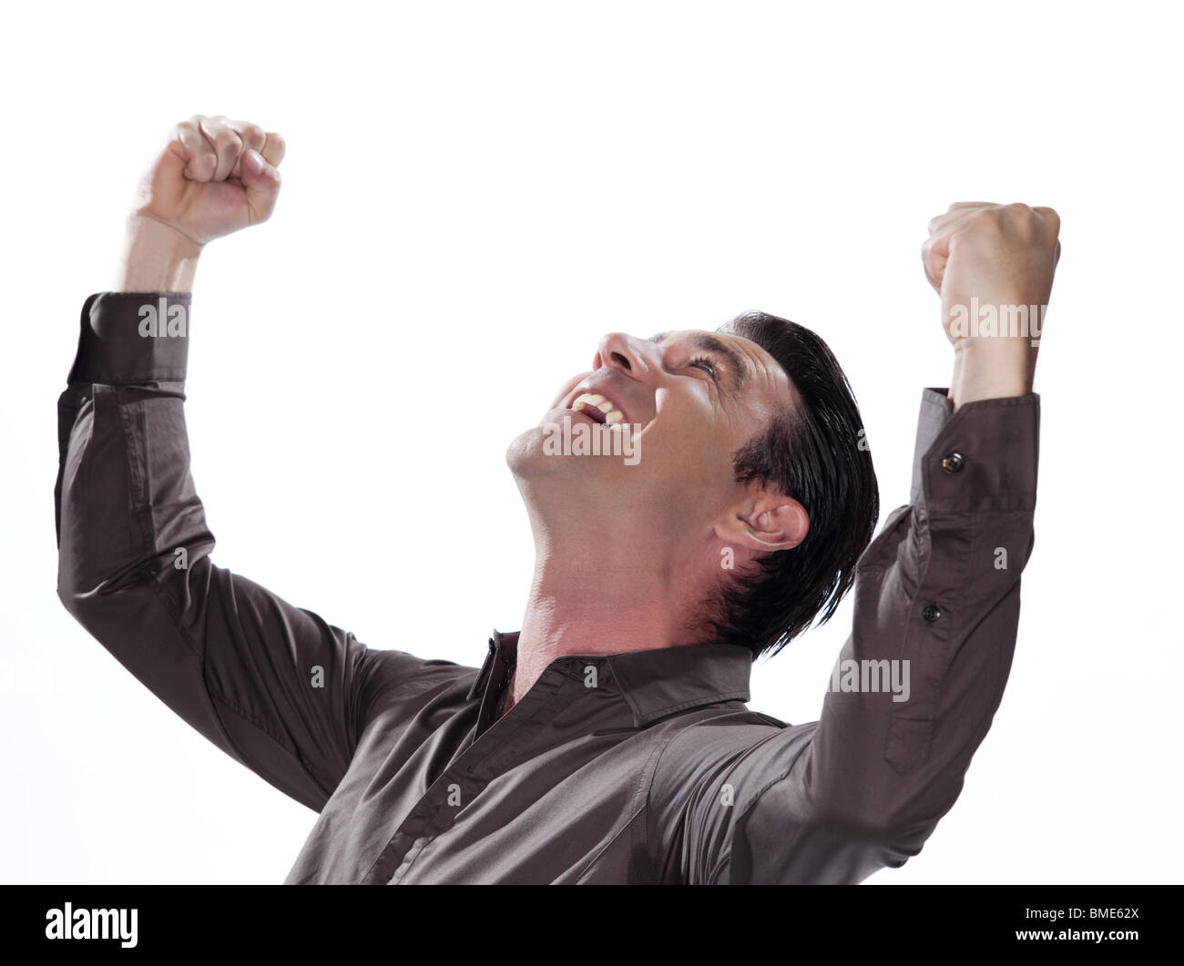 man portrait success triumphant happy studio isolated on white ...