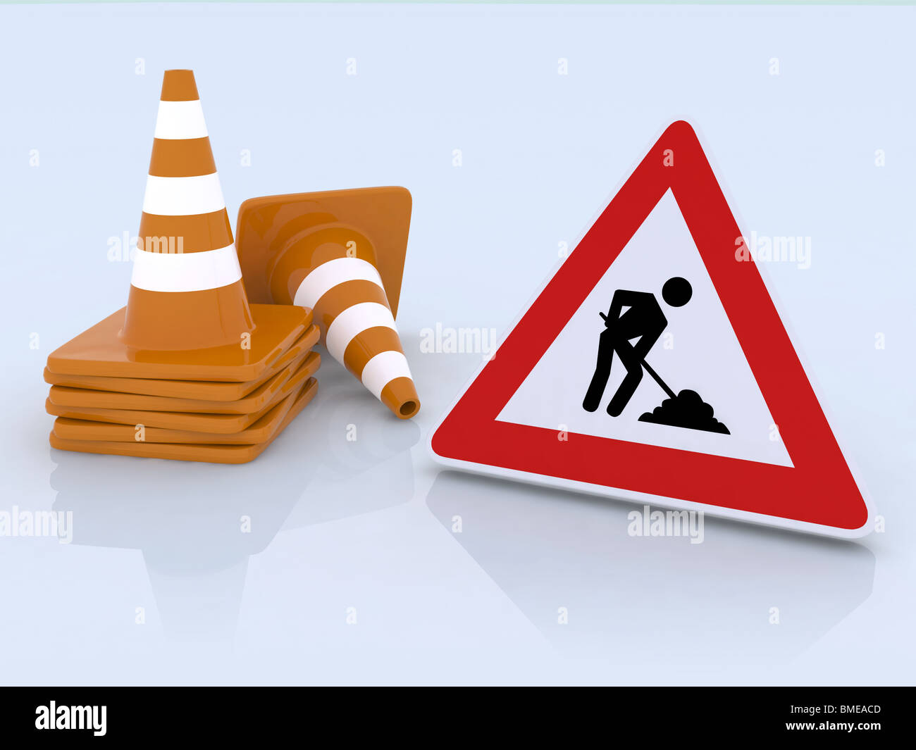 traffic cones and men at work sign Stock Photo - Alamy
