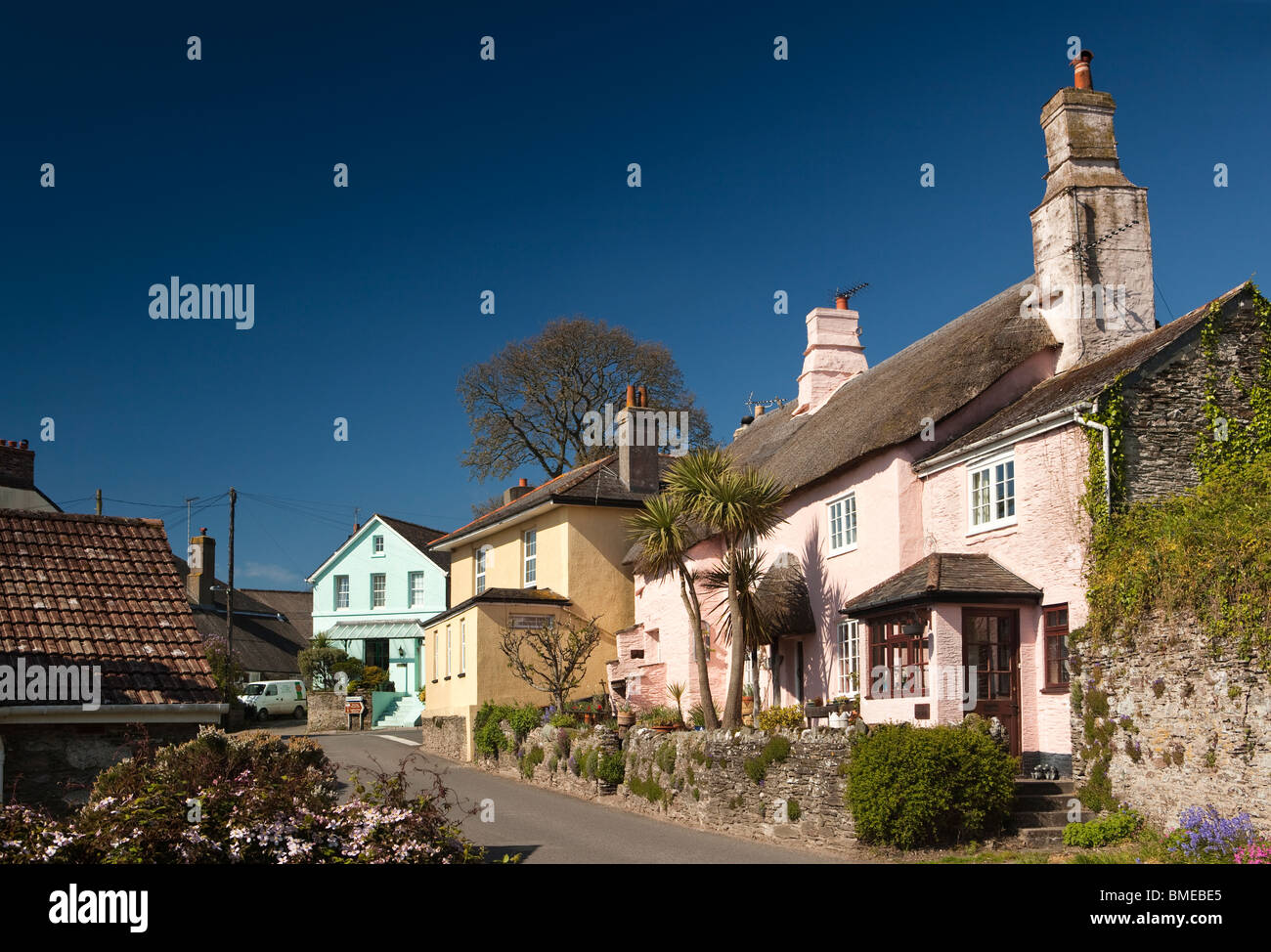 UK, England, Devon, Strete, idyllic pastel painted thatched cottage ...