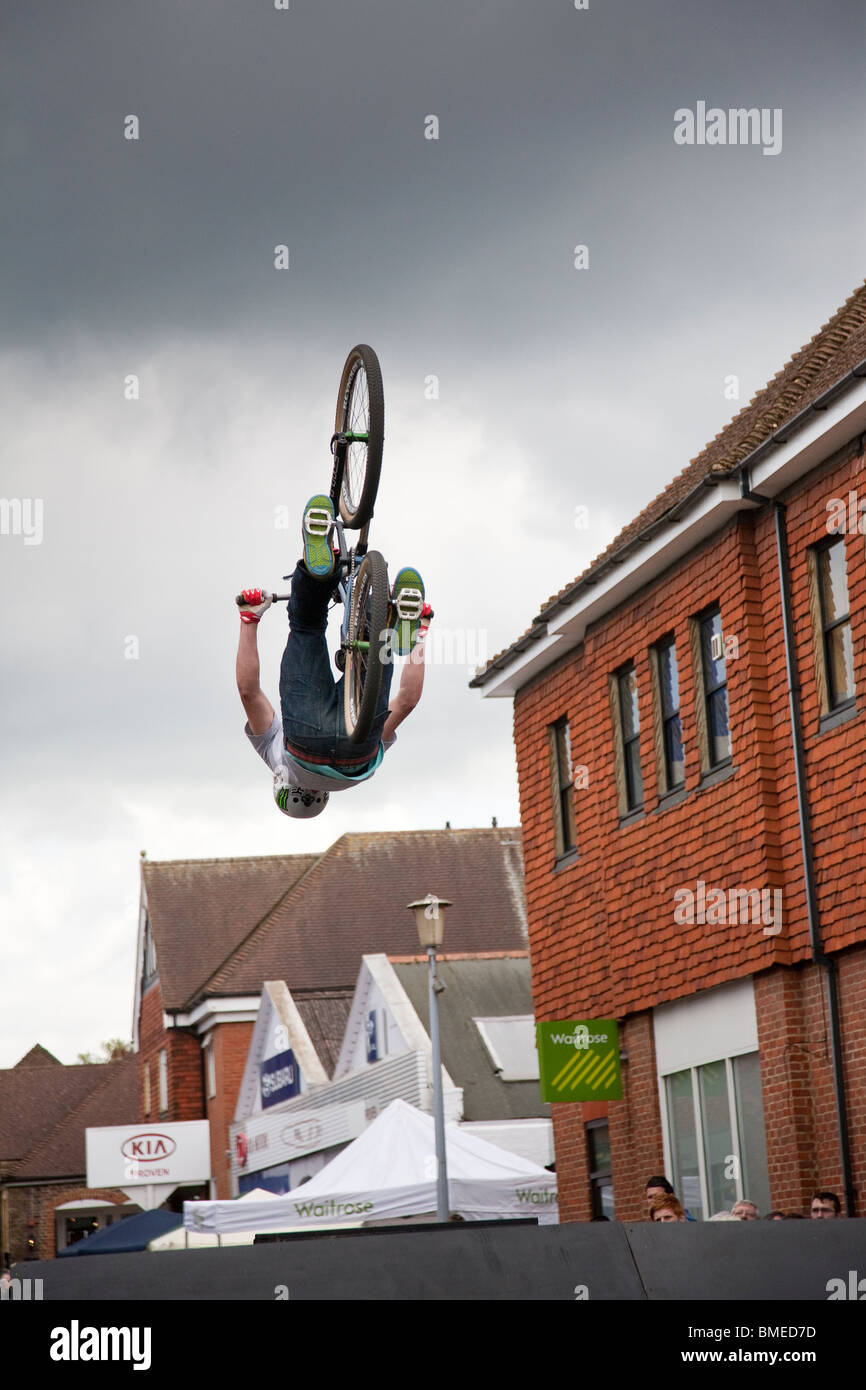 A BMX rider performs a somersault during an acrobatic display ...