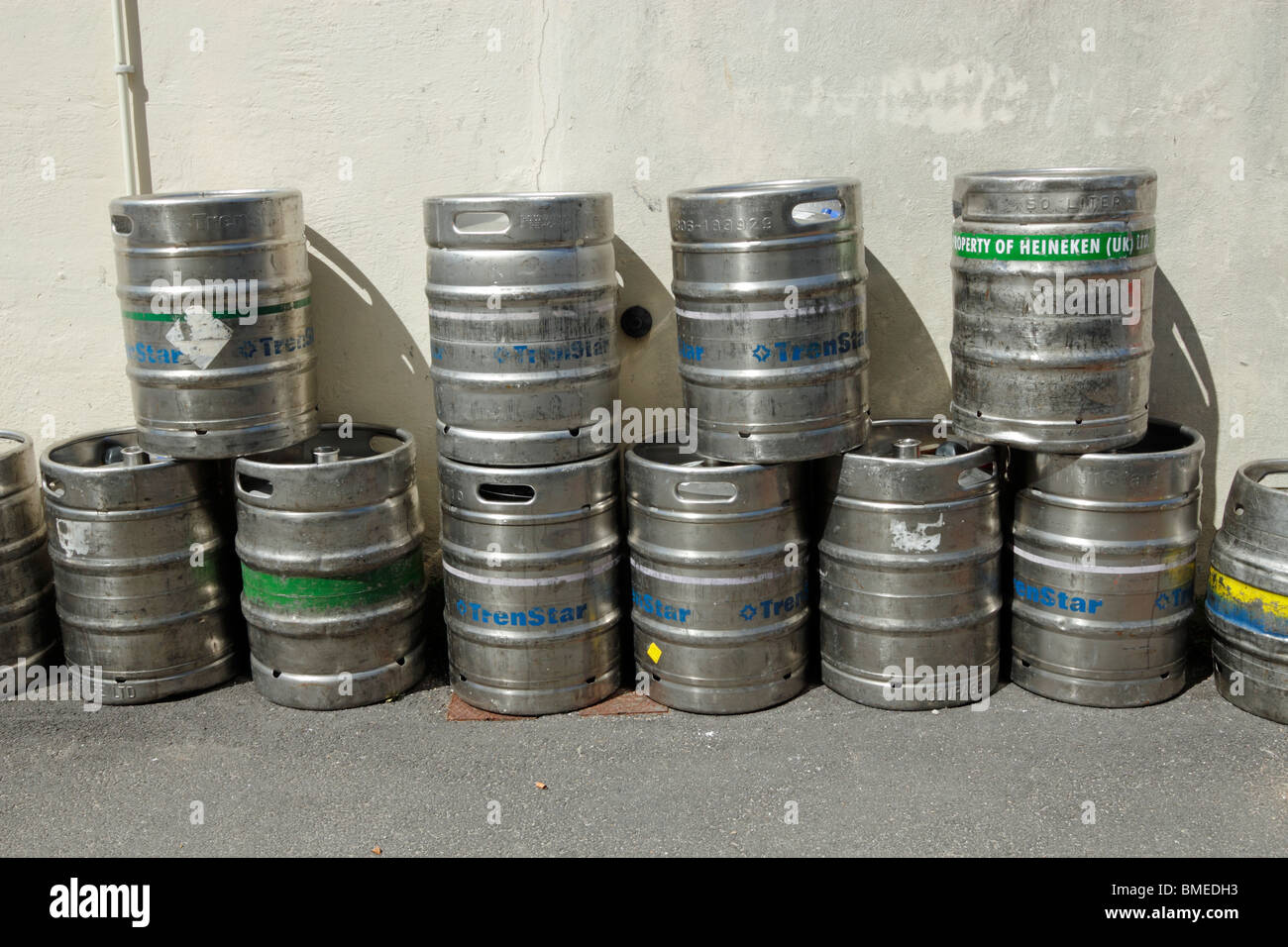 Lots of beer barrels outside a pub in Perranporth, Cornwall UK Stock ...