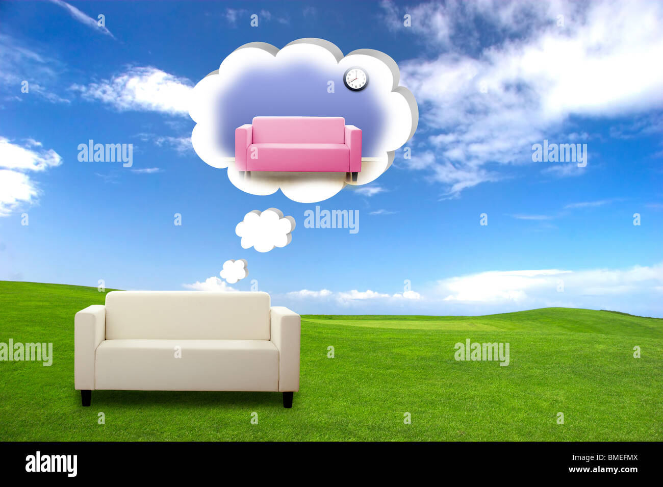 Concept image of a sofa thinking with a new one Stock Photo - Alamy
